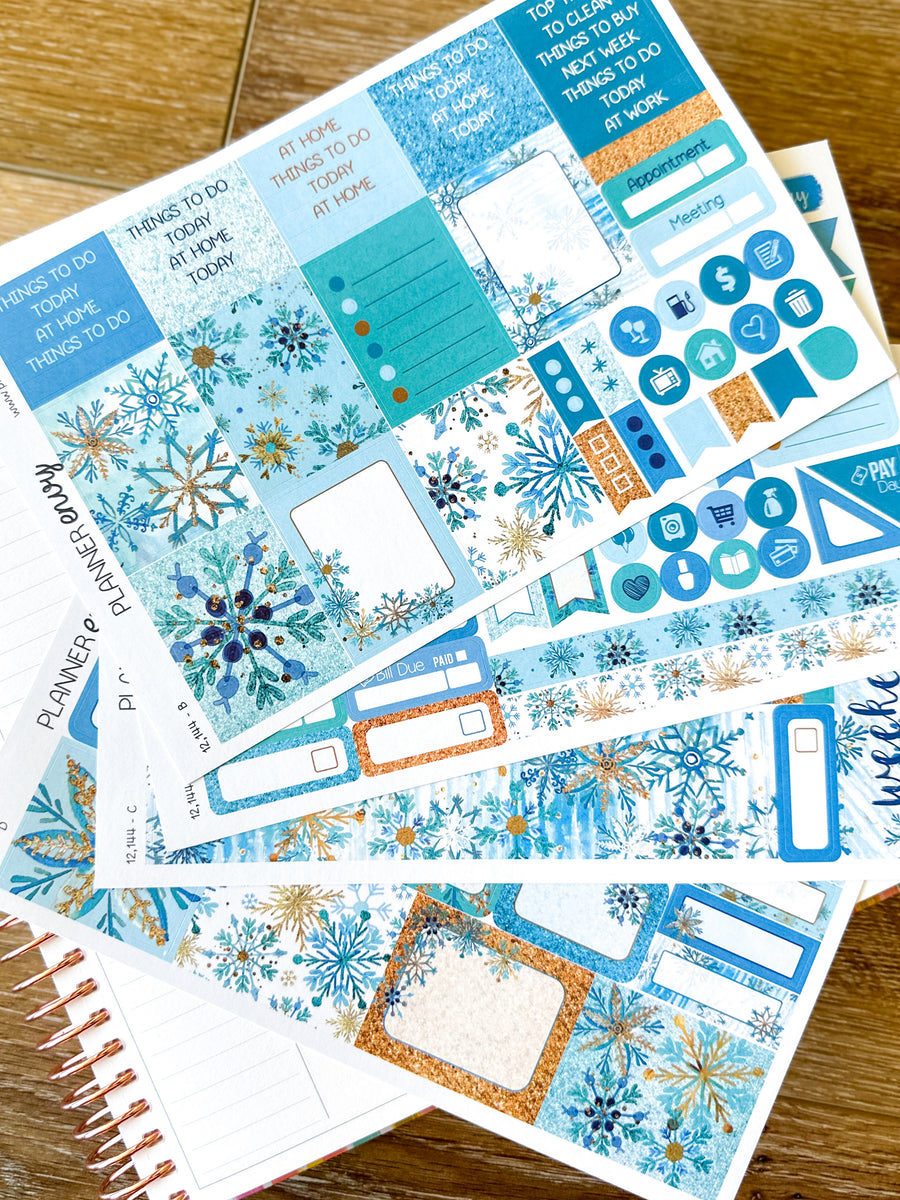 NEW KIT FORMAT! Winter Snowflakes Blue & Gold Snowy Planner Stickers W ...