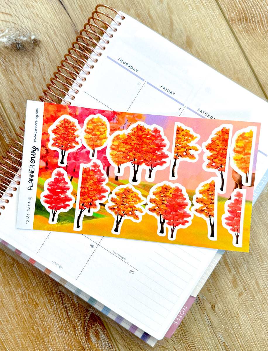 Fall Deco Planner Stickers Trees Leaves Pink Red Orange Autumn Colors ...