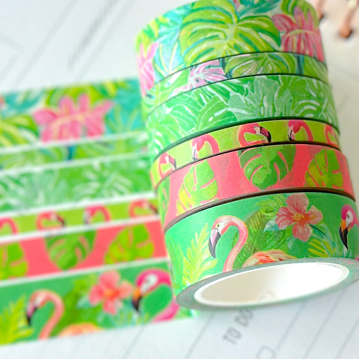 Tropical Flamingos Leaves Vacation Lush Green Pink Washi Tape Set Augu ...