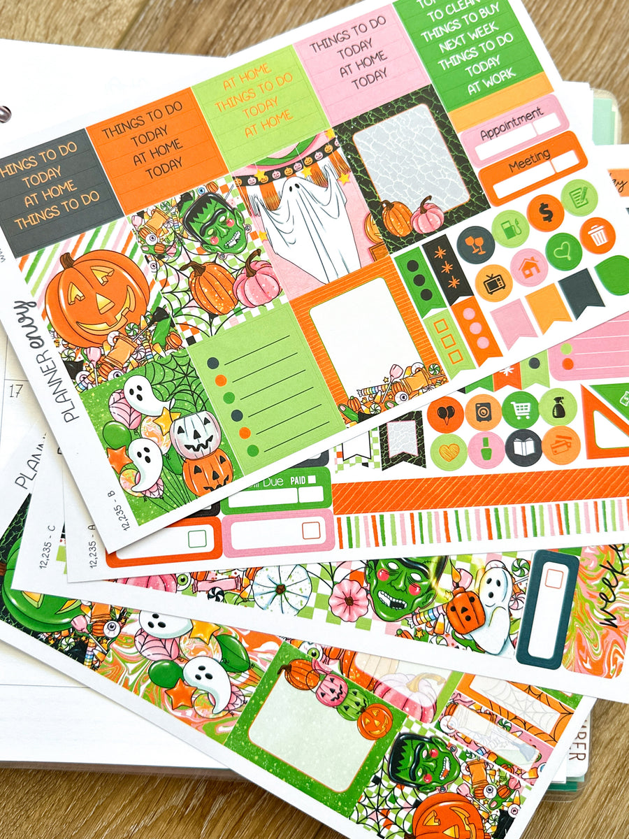 Halloween Pumpkins Ghosts Candy Frankenstein Planner Stickers 4-Page W ...
